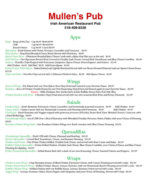 Mullen’s Pub – Menu | Mullen's Pub